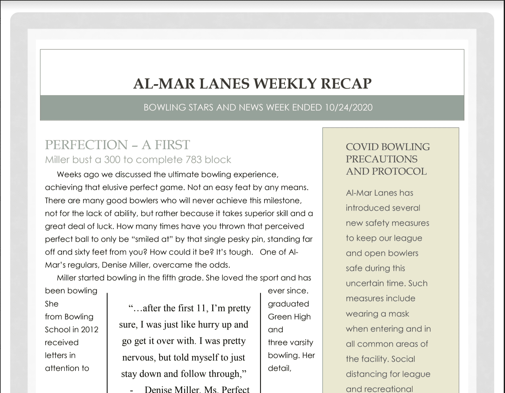 Week Ended 10/24/2020 - Al-Mar Lanes | Bowling Green, OH